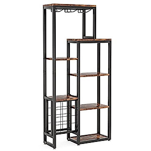 LITTLE TREE Wine Rack Freestanding Floor, 5-Tier Wine Baker Rack Wine Display Shelf with Glass Holder & Wine Storage for Bar, Kitchen, Dining Room, Rustic Brown