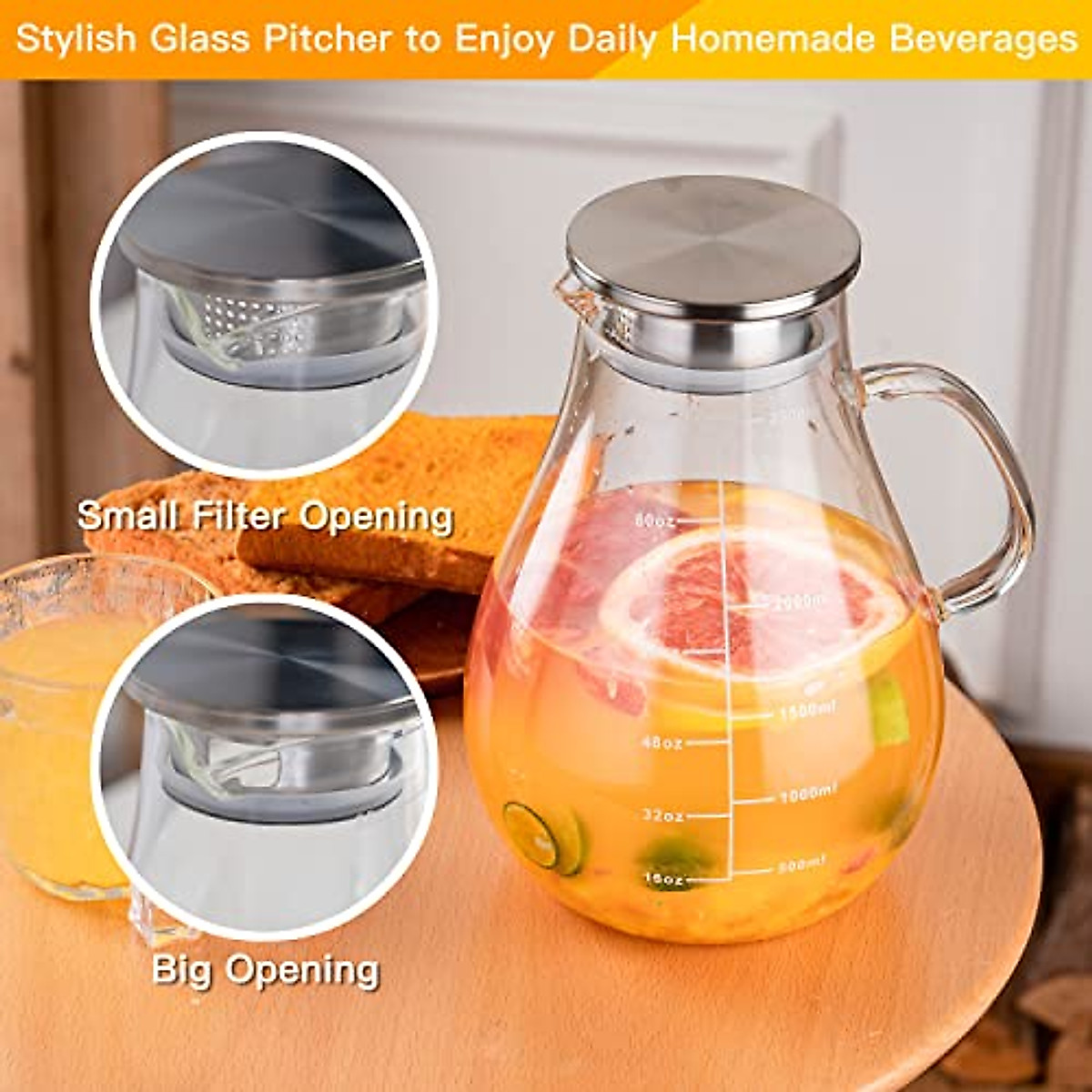 Glass Pitcher with Lid,88 Ounces -2500ml Glass Water Pitcher with Precise Scale Line, Hot/Cold Water Jug, Juice and Iced Tea Beverage Carafe with Lid