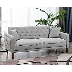 Aoowow Linen Fabric Sofas and Couches 78 Inches Long, Mid Century Modern Couch Tufted Back Sofa with 2 Throw Pillows, Armrest and Wooden Legs for Living Room, Apartment, Bedroom (Grey)