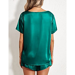 Ekouaer Satin Pajamas for Women Set Short Sleeve Pjs Top with Shorts Lightweight Two Piece Sleepwear Gift Set (Dark Green,S)