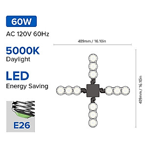 SANSI LED Garage Light, 60W (480W Equivalent) LED Shop Light 6000lm 5000K Daylight Super Bright E26 LED Garage Ceiling Lights with 4 Adjustable Panels for Garage, Warehouse, Basement, 5 Years Warranty