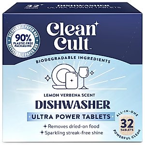 Cleancult Ultra Power Dishwasher Detergent Pods for Sparkling Streak-Free Shine, All-In-One, No Plastic Waste, 32 Count