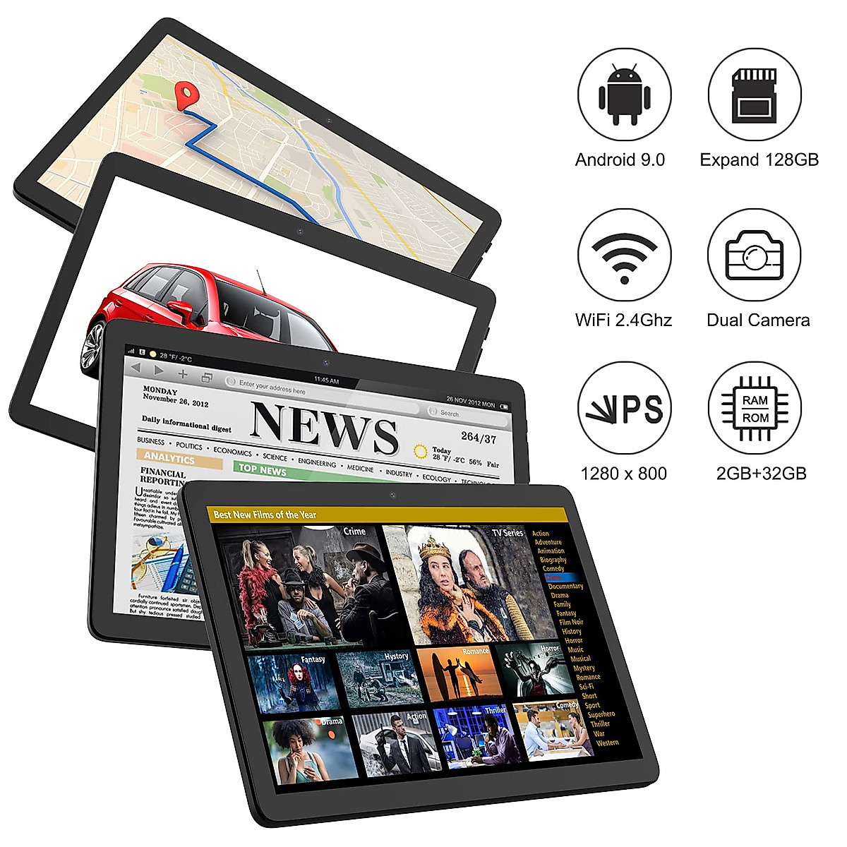 Winsing Android Tablet 10 Inch, Tablets Android with 32 GB ROM, Expand to 128 GB,3G Unlocked Phablet with Sim Card Slot, WiFi, Bluetooth, GPS, Black, Gifts for Mother's Day Bluetooth, Black