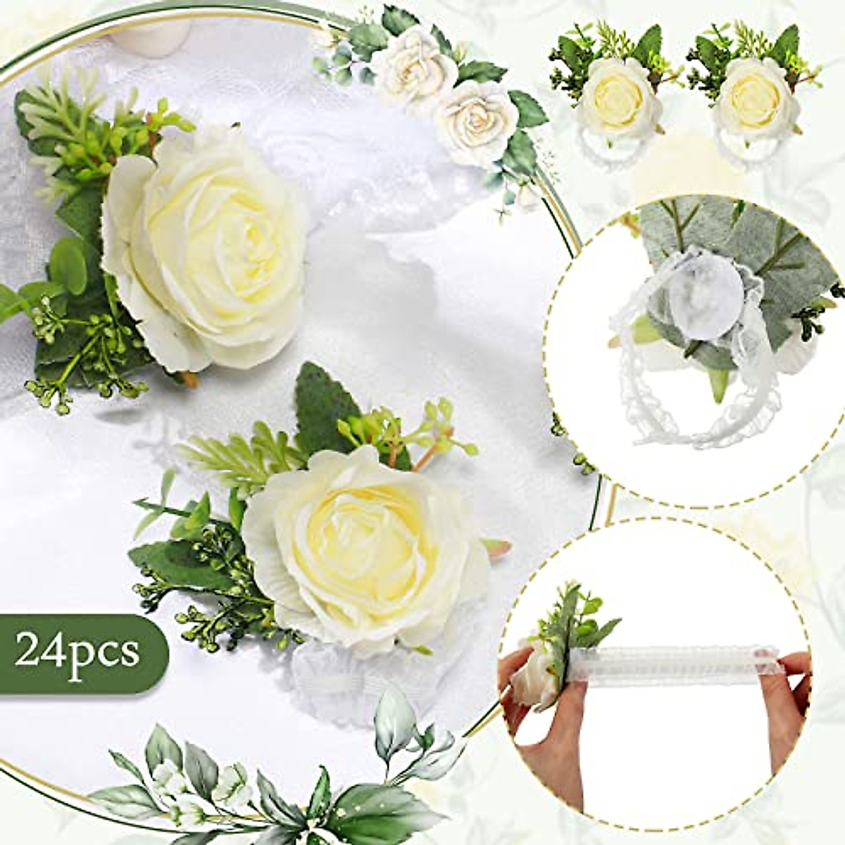 Sherr 24 Pcs Wedding Rose Wrist Corsage Wristlet Band for Bridal Bridesmaid Girls Women Flowers Bracelets Decor Wedding Artificial Flowers for Party Prom Wedding Homecoming (White)