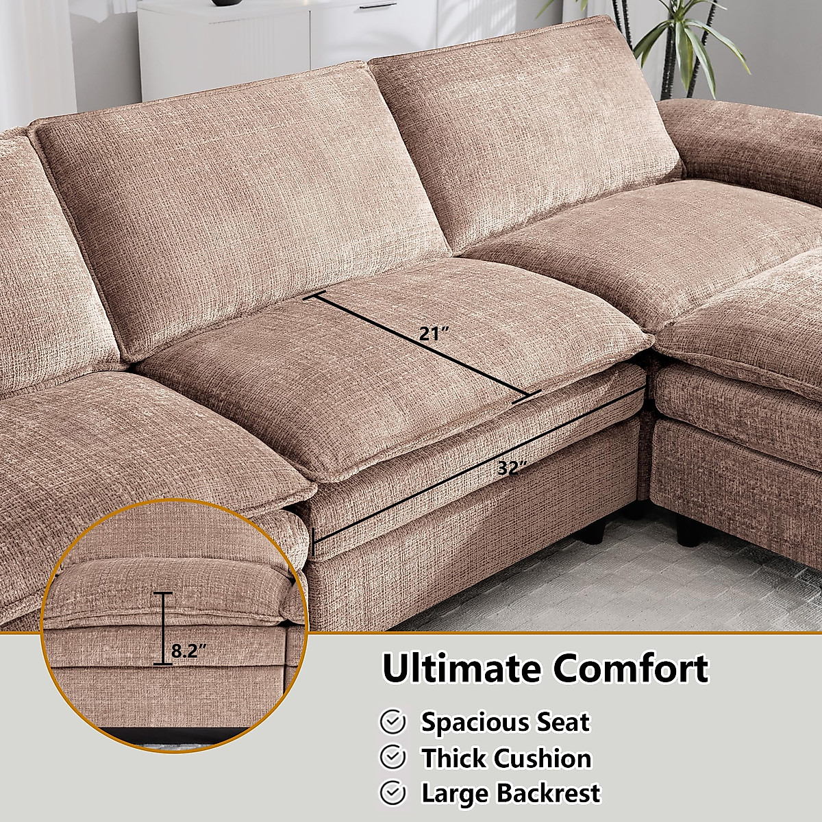 113.5" L Shaped Sectional Sofa, Modern Modular Cloud Couch with Movable Ottoman, 3 Seat Couches for Living Room, Apartment, Camel Chenille