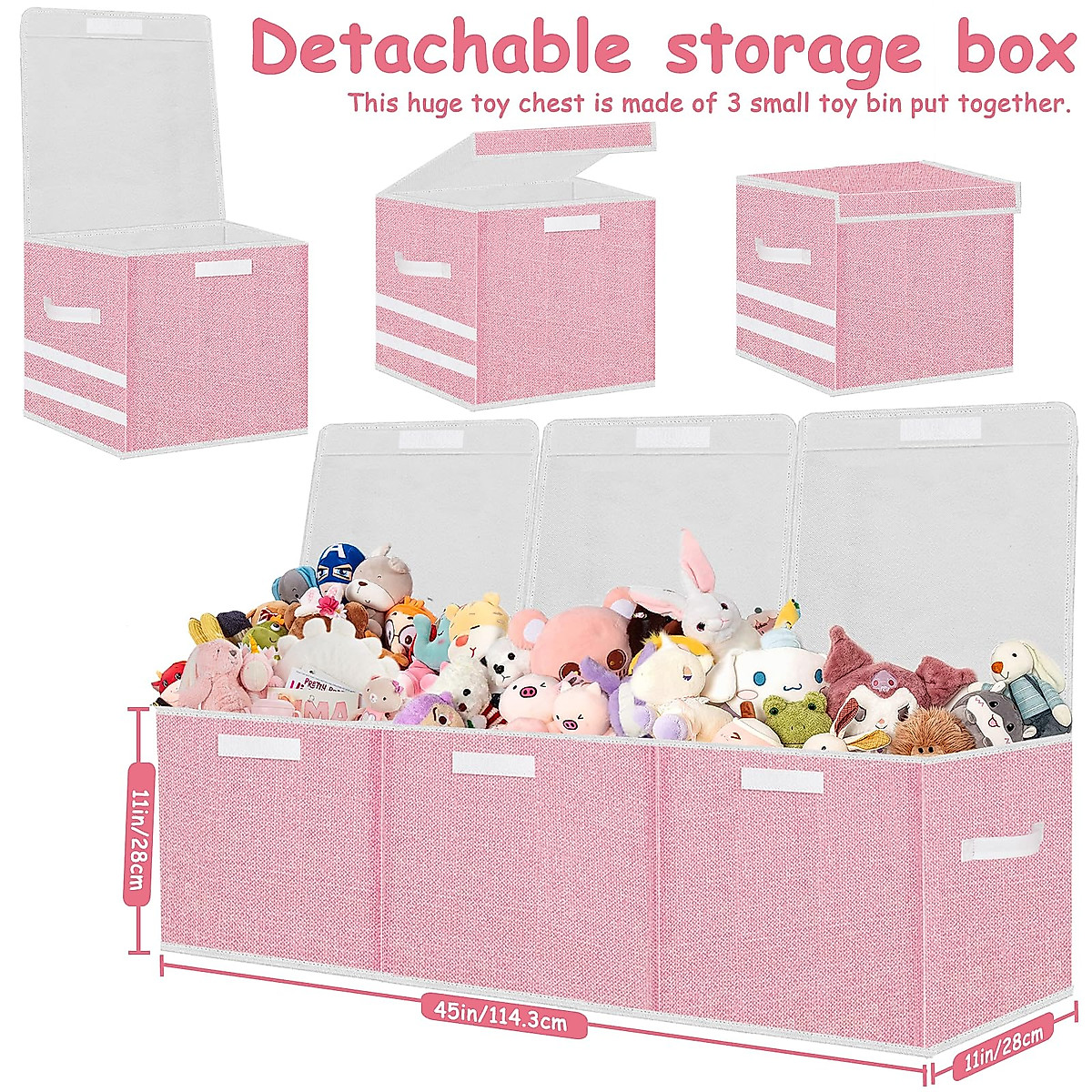 Pantryily Extra Large Toy Storage Box, Stackable Storage Bins with Lids, Detachable Toys Boxes Chest Organizer,Collapsible Bins with Sturdy Handles for Girls(Pink)