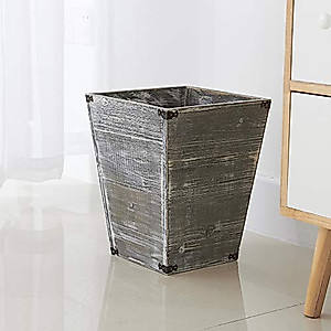 VERGOODR Gray Farmhouse Style Torched Wood Square Waste Bin with Decorative Metal Brackets Trash Can for Bedroom,Living Room, Bathroom & Office