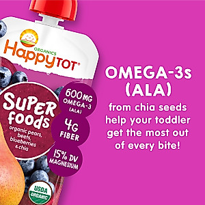 HAPPYTOT Organics Super Foods Stage 4, Pears, Blueberries & Beets + Super Chia, 4.22 Ounce Pouch (Pack of 16) packaging may vary
