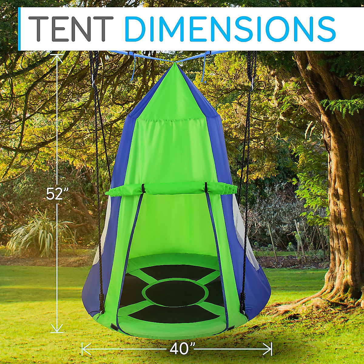 SereneLife 40" Kids Hanging Tent Swing, Outdoor Saucer Swing with Rope Straps (Green), Large
