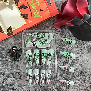 Halloween Stiletto Press on Nails Medium，Green Fake Nails Gradient False Nails with Eyeball Love Wound Lips Tongue Brain Styptic Halloween Designs Acrylic Nails Glossy Artificial Nails for Women 24Pcs