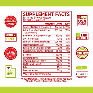 Zhou Thyroid Support Complex with Iodine Supplement, Increase Energy, Fight Brain Fog with Vitamin B12, Iodine, Magnesium, Zinc, Selenium, No Soy, Gluten-Free, 30 Servings, 60 Caps