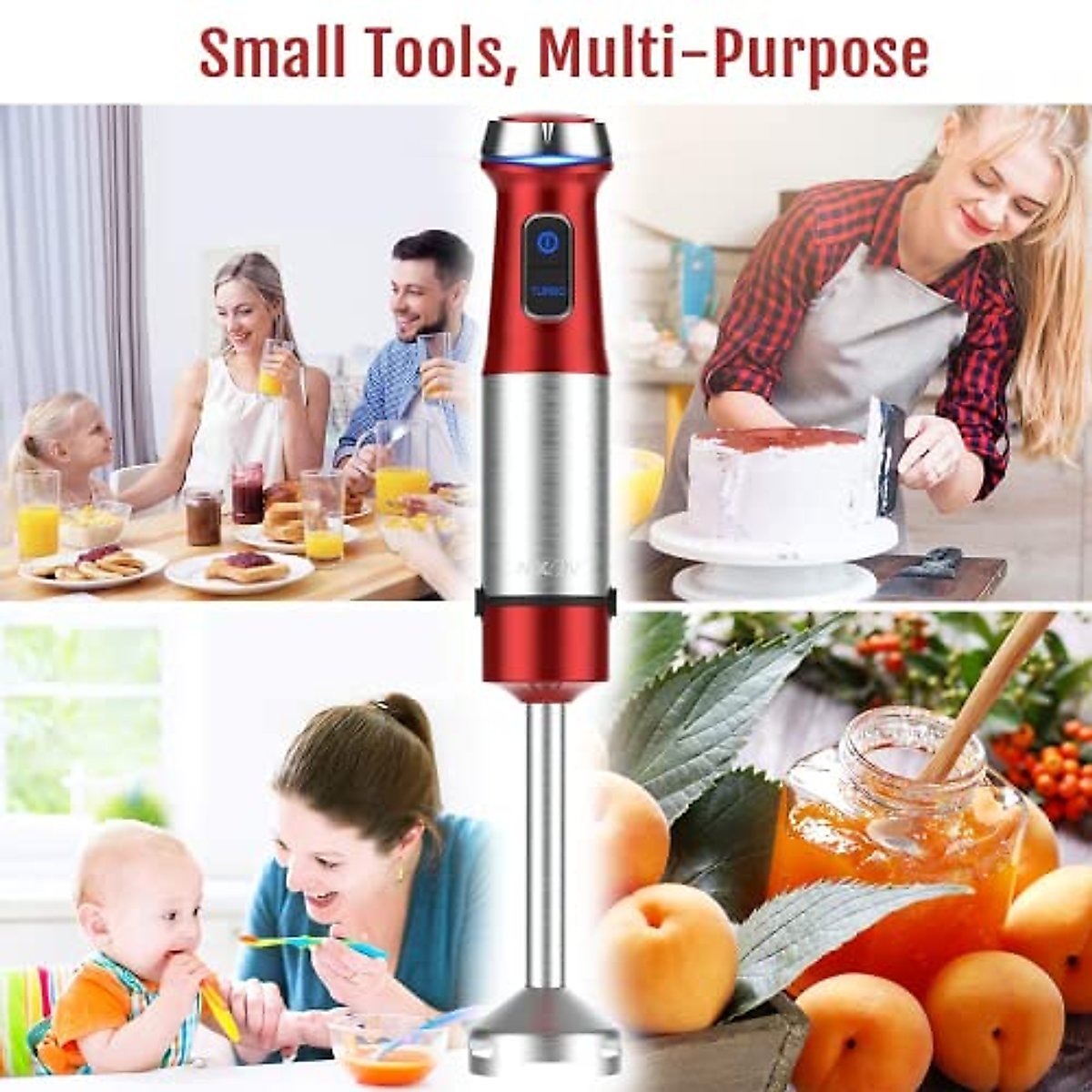 Immersion Hand Blender,500W-Stepless Speed 4-in-1 Smart Stick Blender with 800ml Mixing Beaker,Milk Frother,Egg Whisk for Smoothies/Puree Baby Food/Sauces/Soups,Red