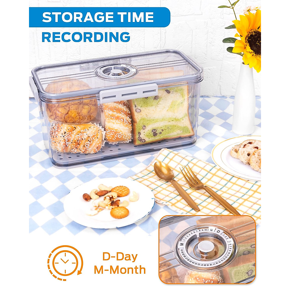 Dynta Bread Box 2 Pack Bread Container Airtight, Recording Time Bread Boxes for Kitchen Counter Organizers and Storage, Plastic Bread Storage with Lid for Homemade Bread, Toast, Loaf, Cookies