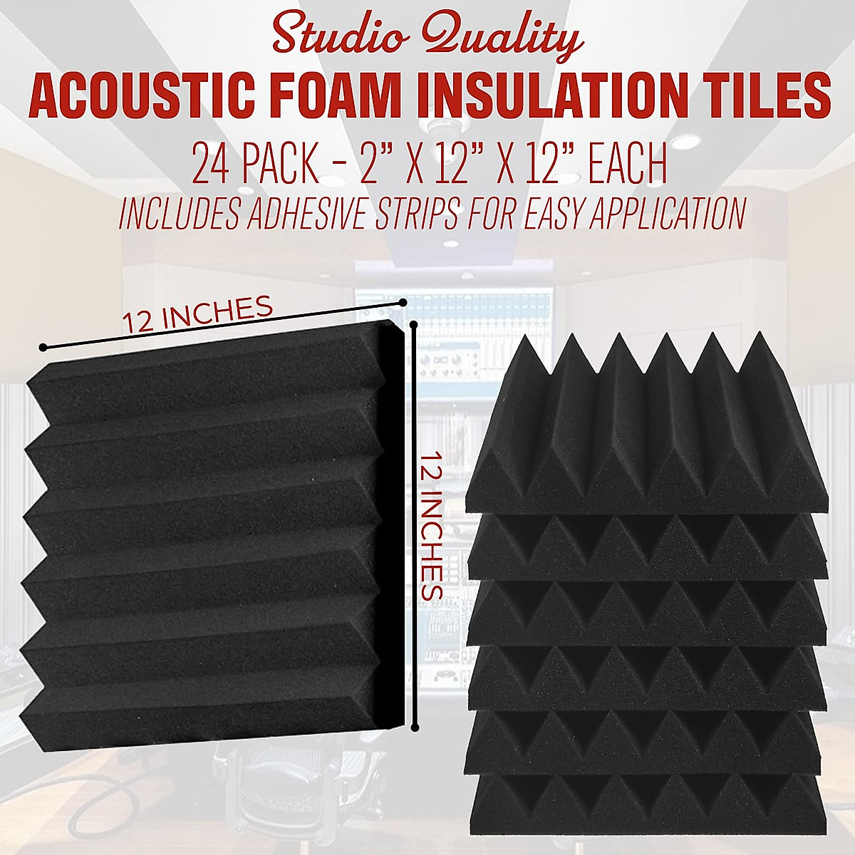 Acoustic Panels Soundproof Wall Panels- 24 Pack 2" x 12" x 12" Sound Proof Foam Panles Adhesive High Desnsity Fireproof Sound Panels Top Quality Sound Deadening Panels Ideal for Home & Studio