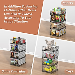 4 Pack Sliding Closet Organizers and Storage, Stackable Closet Storage Shelves, Pull Out Clothes Storage Organizer Baskets/Containers/Drawers with Dividers for Wardrobe (Black-Sturdy Wire Metal Frame)