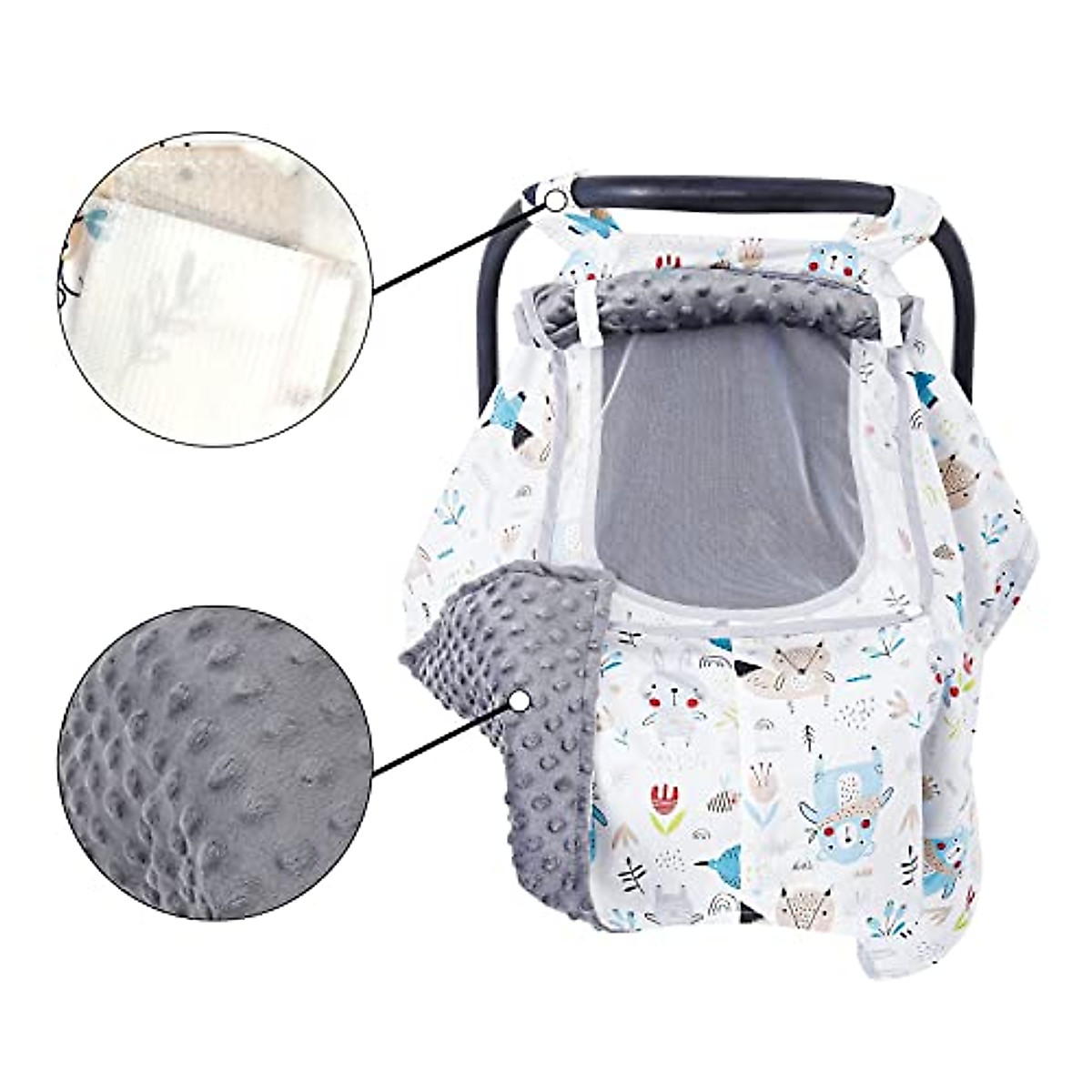 SJEhome Carseat Covers for Babies,Car Seat Warm Windproof Cotton and Fleece Canopy for Newborn Infant Boy Girl Carrier,2 Layers Windows Baby Carrier Cover,Grey Minky
