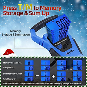 RUNCL Waterproof Fishing Scale with Lip Gripper, Electric Fish Scale with 40 in Ruler, LB/OZ/KG, Big Handle, Memory Storage, Digital Portable Hanging Scale for Luggage, Fish