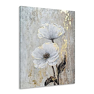 MYBEAUTYWALLA Vertical Flower Oil Painting - Hand Painted Abstract Floral Artwork with Gold Foil - Modern Still Life Pictures for Living Room Hallway Farmhouse Decor