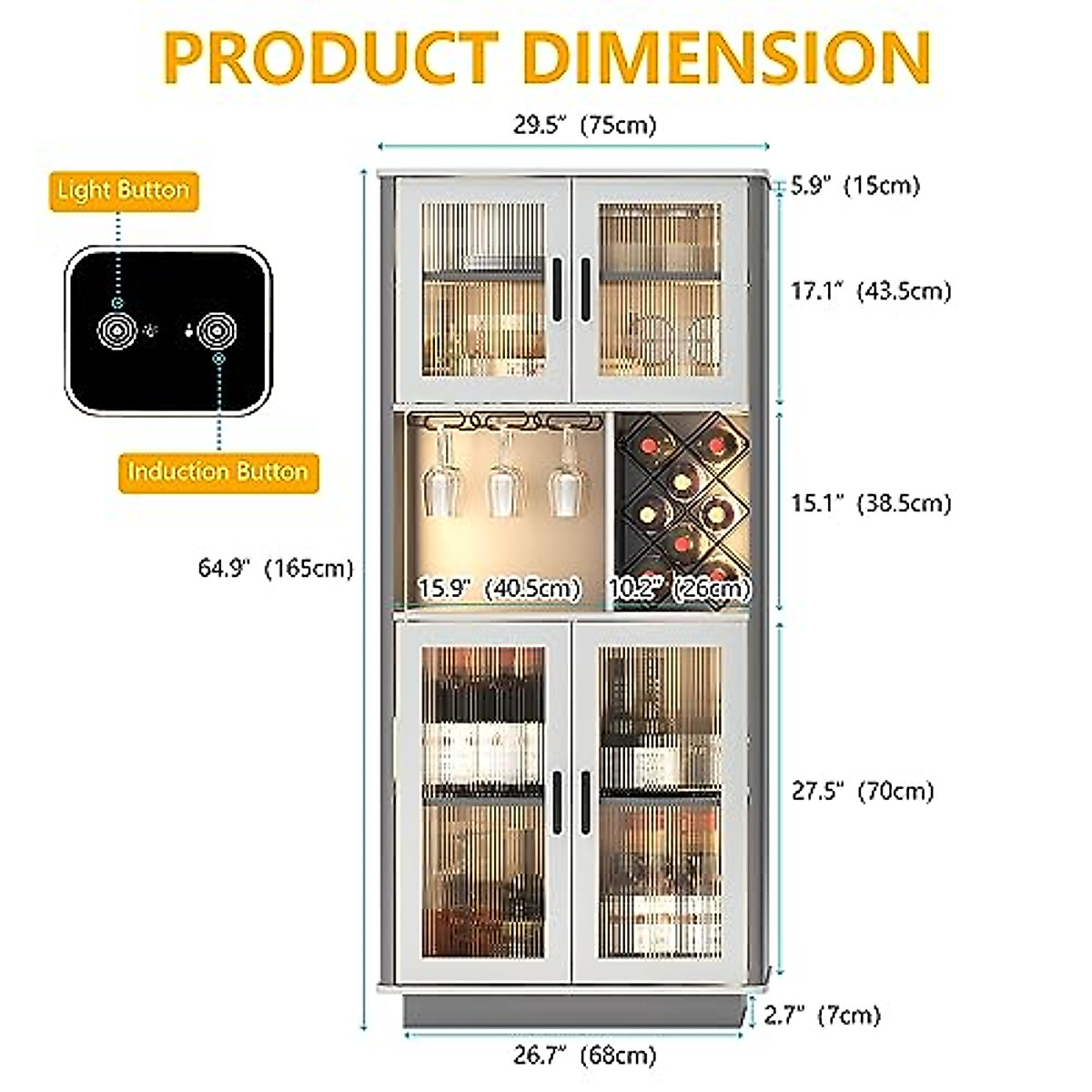LVSOMT LED Wine Bar Cabinets with Removable Wine Rack, Bar Cabinets for Liquor with Light Motion Sensor, Kitchen Cabinet Storage for Dinning Room, Living Room (Dark Grey + Light Grey)