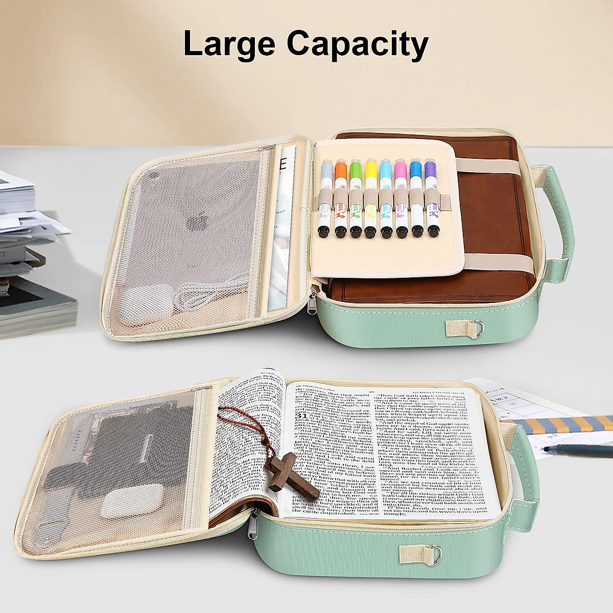 FINPAC Large Bible Cover w/Shoulder Strap, Carrying Book Case Church Bag Bible Protective w/Pen Slots and Zippered Pocket, Perfect Gift for Kids Girls Women (Light Green)