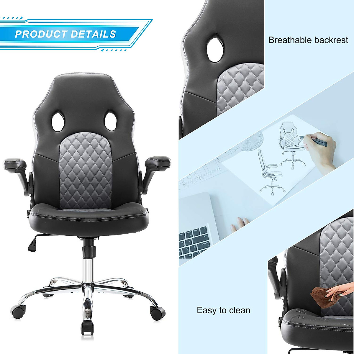 SMUG Gaming Ergonomic Office PU Leather Computer High Back Desk Swivel Task Chair with Lumbar Support/Adjustable Armrests, Grey