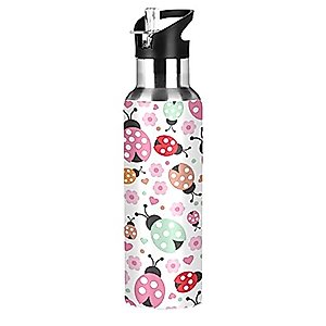 Colorful Animal Ladybugs Sports Water Bottle Insulated with Straw, Flower Floral Vacuum Stainless Steel Drinking Bottle Flask Thermo Leakproof for Outdoor Gym Travel Women Men Girls Boys 20oz