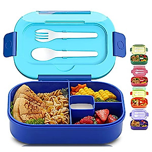 Mr.Dakai Bento Lunch Box for Kids Go to School, Adults Work, BPA-Free 4 Compartment Lunch Box Containers with Utensil Set, Leak-Proof Salad Snack Boxes, Microwave and Food-Safe Materials, Blue