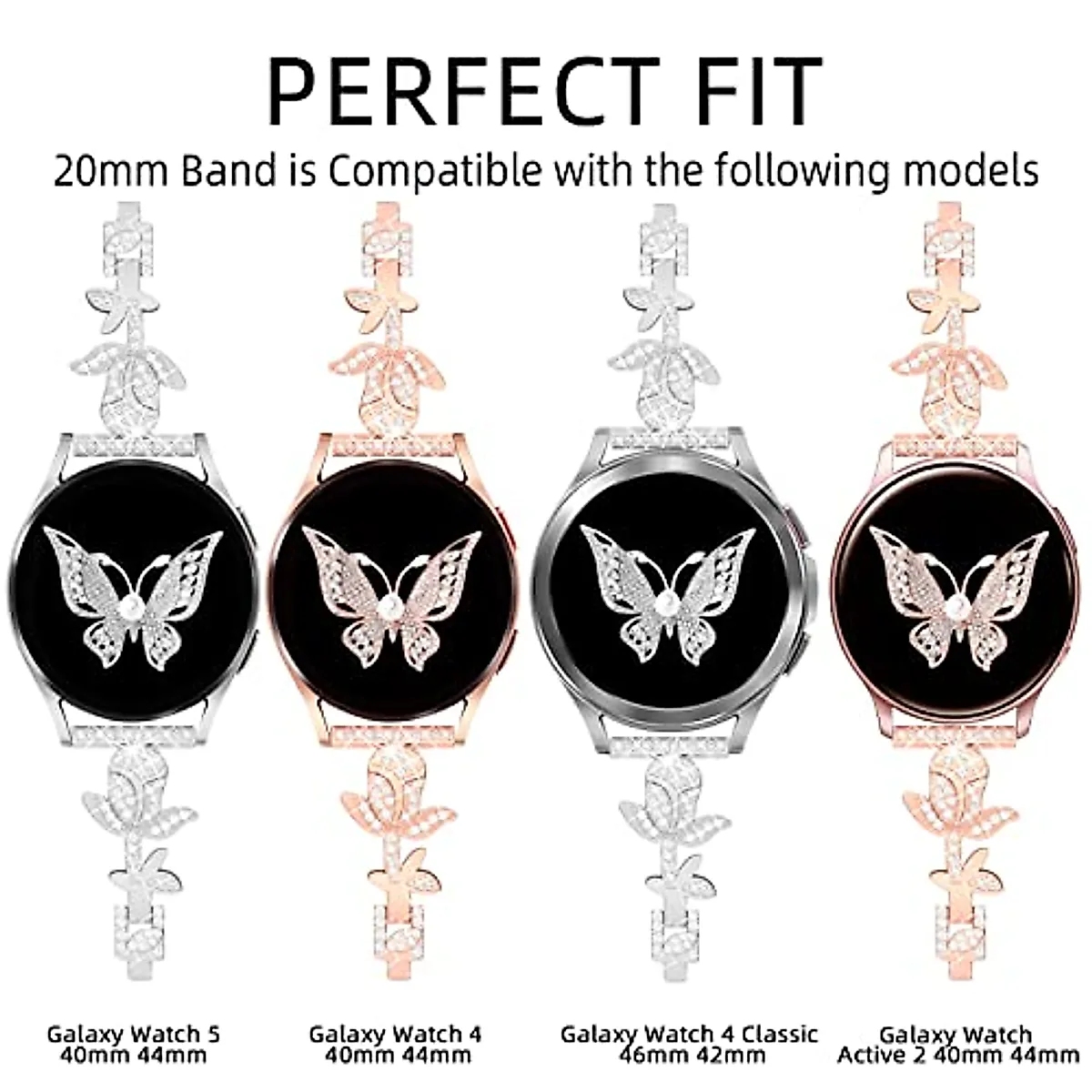 20mm Bling Rose Band for Samsung Galaxy Watch 4 40mm 44mm, Watch 5 40mm 44mm, Galaxy Watch 4 Classic 42mm 46mm, Active 2 40mm 44mm, Watch 3 41mm Adjustable Band Women Bracelet Wristband, Silver