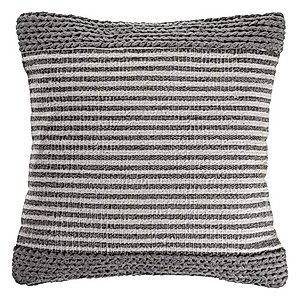 LR Home Farmhouse Striped and Textured Throw Pillow Area Rug, 20" x 20", Gray/Ivory