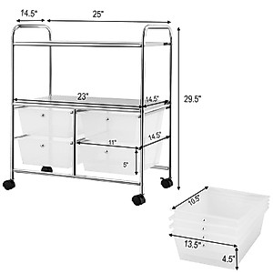 RELAX4LIFE Storage Cart W/Four Drawers, Wheels and Two Shelves, Stable Steel Frame Craft Cart for Office,Home, Make Up Storage and Files Arrangement Storage Cart Organizer (Clear)