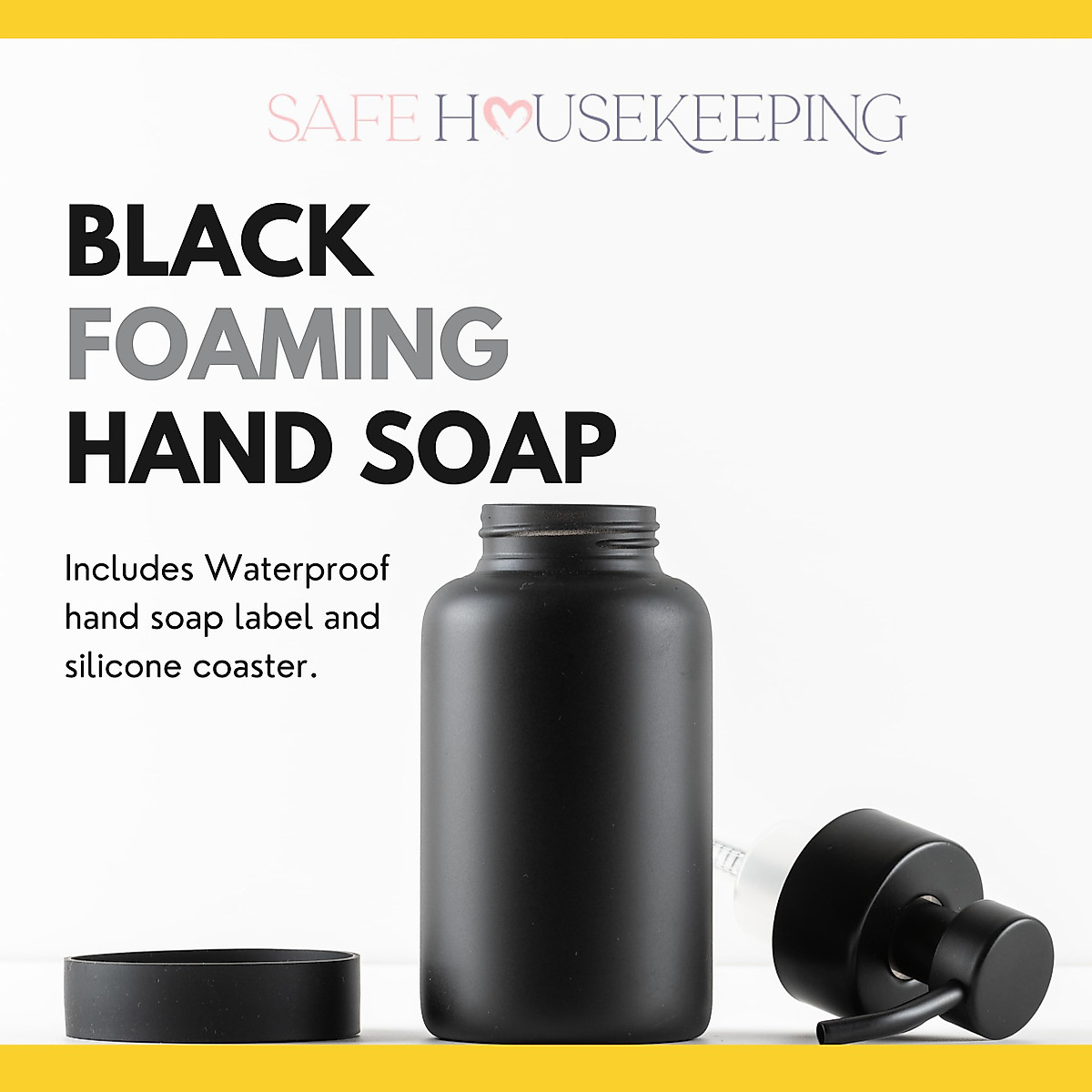 Black Glass Foaming Hand Soap Dispensing Bottle - Matte Black - 11 Ounce - Includes Hand Soap Labels & Silicone Coaster