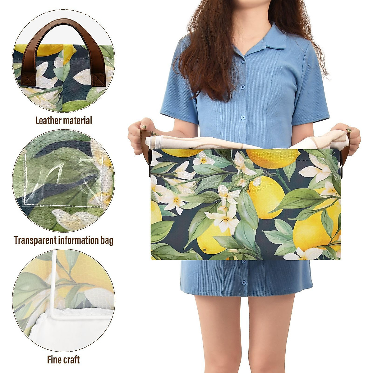 Emelivor Watercolor Yellow Lemon Black Storage Bins for Shelves Foldable Storage Baskets for Organizing Closet Shelf Nursery Home Decorative Rectangular Storage Cubes with Handles