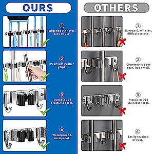 romise Mop Broom Holder Wall Mount, Laundry Broom Holder Organizer Storage Tool Wall Hanging with 5 Racks 4 Hooks, Stainless Steel Heavy Duty Garage Self Adhesive Tool Hanger for Home Garden Kitchen