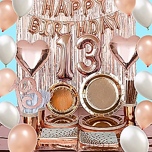 13th Birthday Decorations for Girls, 160 Pc. Party Set Serves 16 Guests, Rose Gold Banner, Latex and Foil Balloons, Paper Plates, Cups, and Napkins, Tablecloth and Curtain, and More