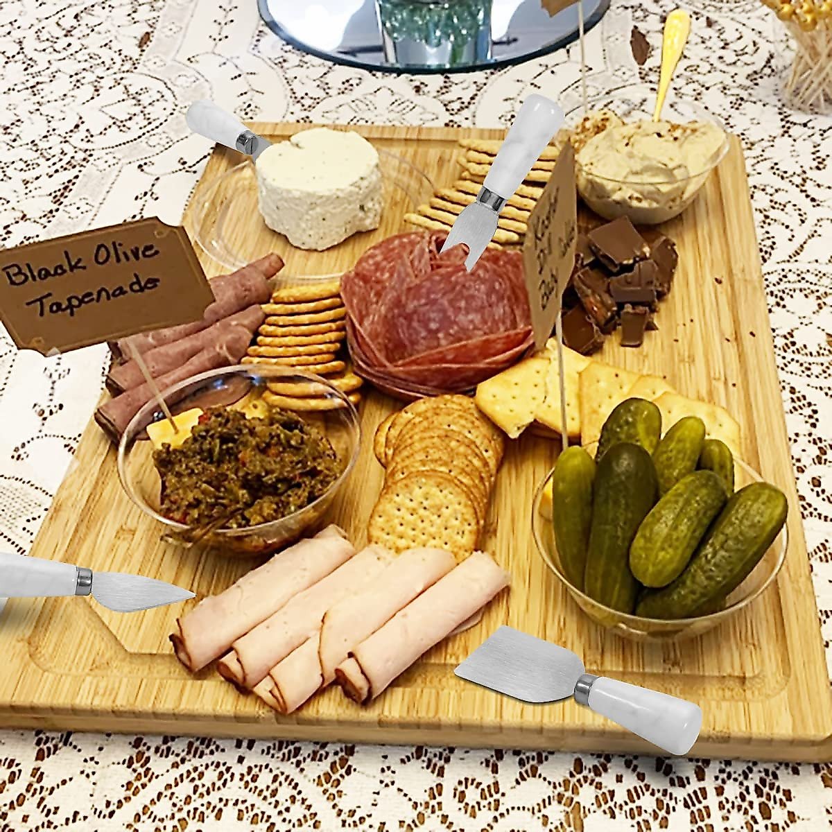 Funland 4PCs Cheese Knife Spreader Set with Marble Handle, Cute Cheese Knives Cutter Slicer for Marble Cheese Board, Spatula for cheese Board Accessories, Gift for Party, Thanksgiving - Silver