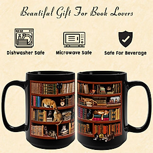 Library Bookshelf Coffee Mug Gifts for Book Lovers, Readers, Bookish, Birthday, Mothersday, Fathersday, Christmas Library Mug for Cat and Book Lover Black Coffee Mug 15Oz With Keychain