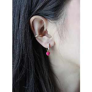 14K Gold Plated Pink Heart Dangle Drop Earrings for Women CZ Huggie Hoops Charm Earrings Dangling Hot Pink Enamel Love Heart Earrings Dainty Cute Valentines Day trendy Jewelry