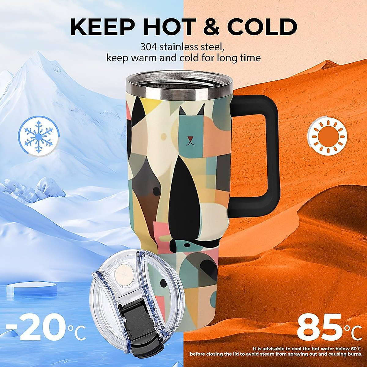 HJUQNGF 40 Oz Personalized Tumbler with Handle And Straw Mid-Century Modern Art Cat Stainless Steel Insulated Tumblers Reusable Car Thermal Cup Travel Coffee Mug for Women Men