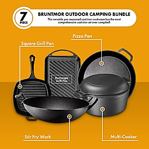 Pre Seasoned Cast Iron 7 Piece Bundle Gift Set, Double Dutch, Rectangular grill Pan, Wok, Large Skillet, Square Grill Pan & Chainmail, Camping Cookware Set