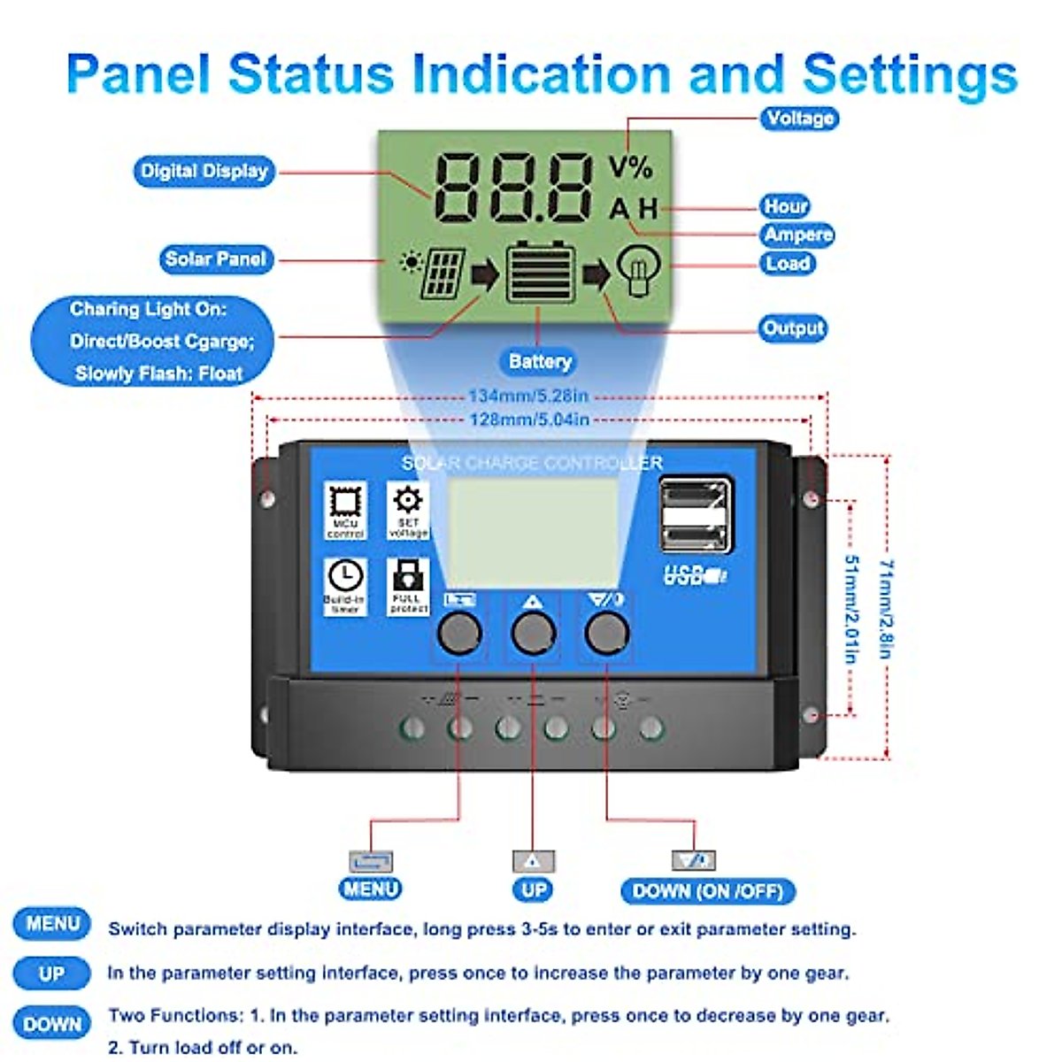 Solar Charge Controller, Lpluziyyds 30A Solar Panel Controller 12V/24V PWM Auto Parameter Adjustable LCD Display Solar Panel Battery Regulator with Dual USB Port