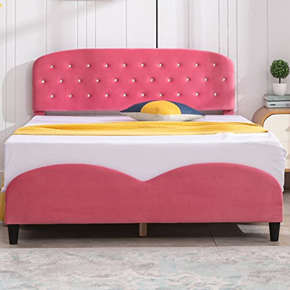 Mixoy Kids Full Size Bed Frame with Headboard, Velvet Upholstered Platform Bed with Slatted Bed Base, No Box Spring Needed, Pink Princess Wooden Bed for Girls(Full, Diamonds)