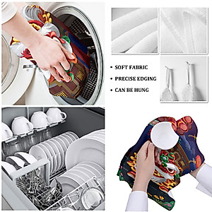 Hokiten Kitchen Towel Set, Lion Dance Fast Drying Microfiber Kitchen Towels Dish Cloths, Tea Towels/Bar Towels/Hand Towels Chinese New Year Picture Tradition Art (Set of 4, 18x28 Inch)