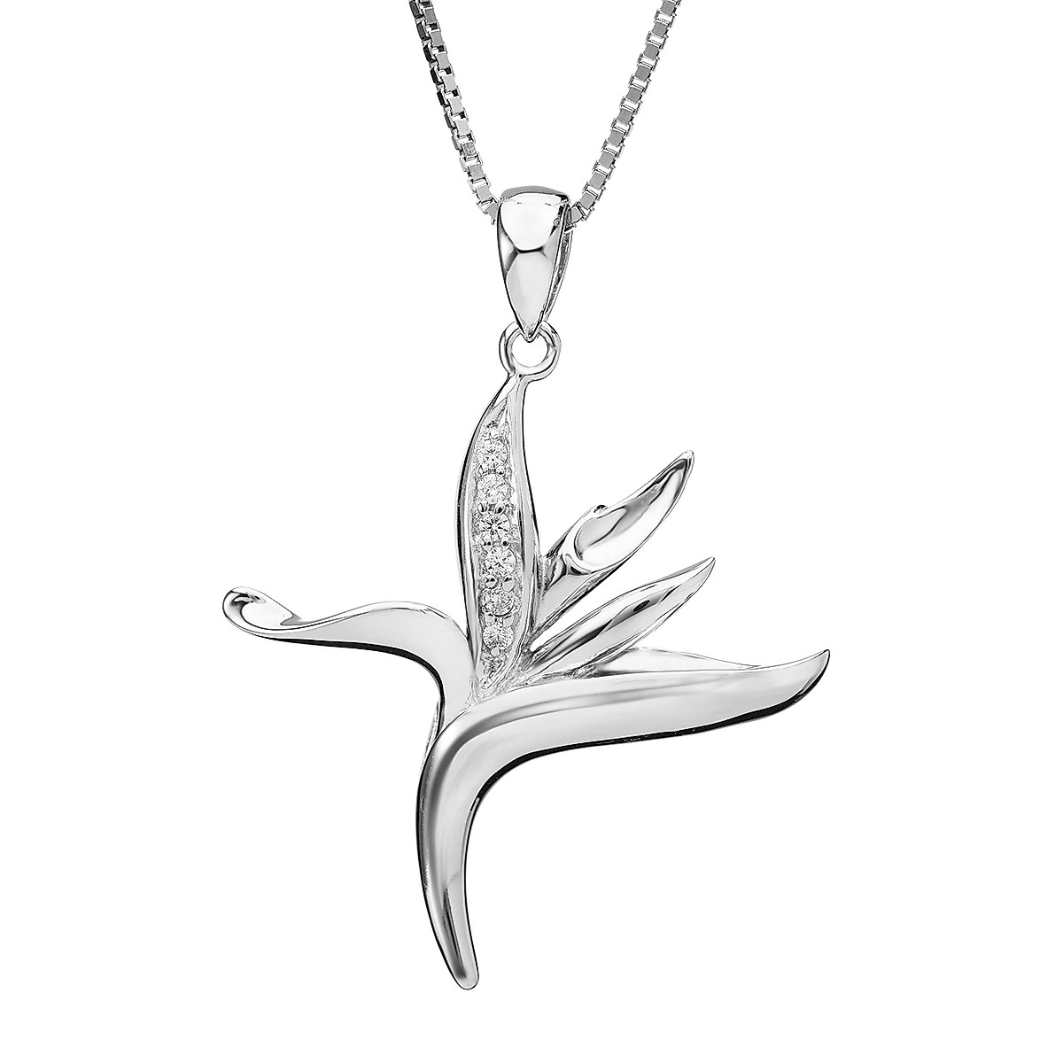 Aloha Jewelry Company 925 Sterling Silver Hawaiian Bird of Paradise Tropical Plant with Cubic Zirconia Pendant with 18" Box Chain, Nickle Free Hypoallergenic for Sensitive Skin, Gift Box Included