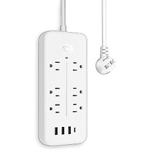 6 Outlet 3 USB Ports and 1 Type C 4 Foot 18 AWG Power Extension Strip Cord with Lightening and Overload Protection, 10A ,110-250V with Pure Red Copper Wire