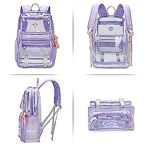 Maod Clear Backpack Heavy Duty Stadium Approved PVC Transparent Large School Book Bag with Free Sticker and A Pendant (Purple)