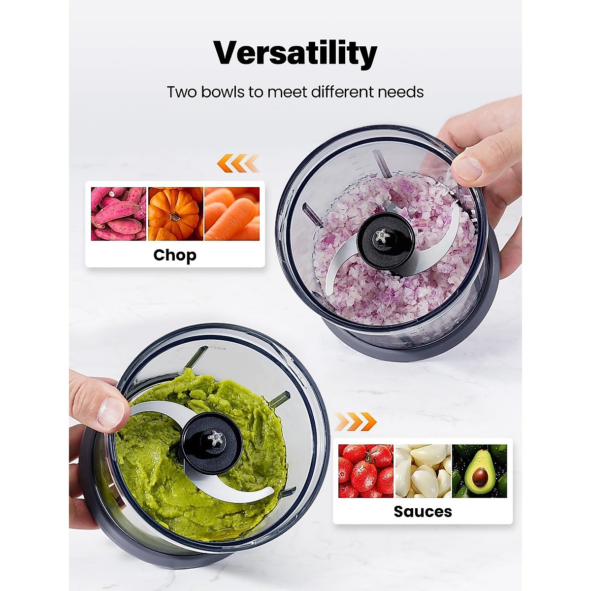 TWOMEOW Food Processor 4 Cup, Electric Food Chopper, 【Small but Powerful】Meat Grinder with 2 Bowls, 2 Speed & 4 Blades for Vegetable, Meat, Nuts, Functions for Chopping, Dicing, Mixing and Puree