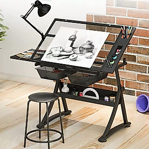 Drawing Table Glass Drafting Table Desk, Height Adjustable Drafting Table, 0-50°Tilting Drawing Desk, Artist Desk Study Table with 2 Slide Drawers for Reading, Writing Art Craft Work Station beautiful