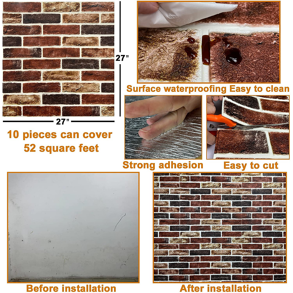 10-Pack 52 Sq.Ft 3D Wall Panels Peel and Stick 3D Faux Brick Wallpaper Peel and Stick Red Brown Faux Stone Wall Panel Foam Brick Self-Adhesive 3D Wallpaper