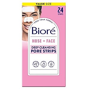 Bioré Nose+Face Blackhead Remover Pore Strips, 12 Nose + 12 Face Strips for Chin or Forehead, Deep Cleansing with Instant Blackhead Removal and Pore Unclogging, Non-Comedogenic Use, 24 Ct Value Size