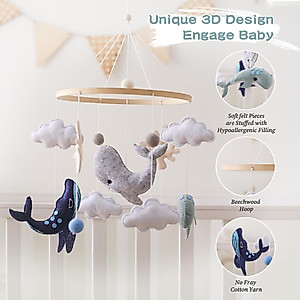 Baby Mobile for Crib丨Baby Nursery Mobiles丨Handmade Felt Ocean Animal Mobile for Crib Baby Boys and Girls丨Woodland Nursery Decor for Infant Bedroom Hanging丨 Gender Neutral Baby Stuff（Whales）